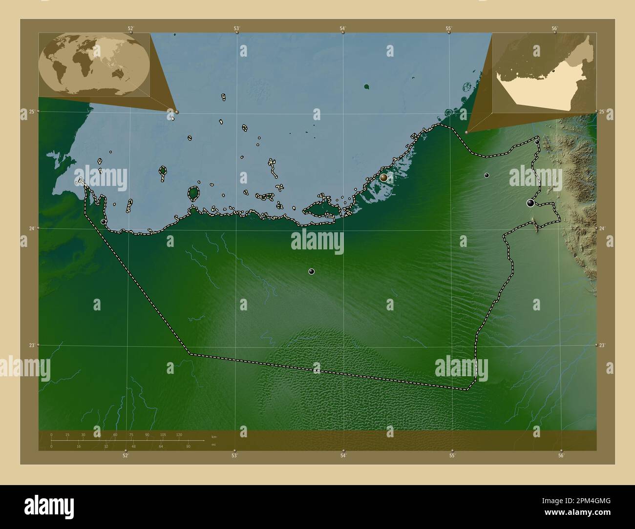 Abu Dhabi, emirate of United Arab Emirates. Colored elevation map with ...