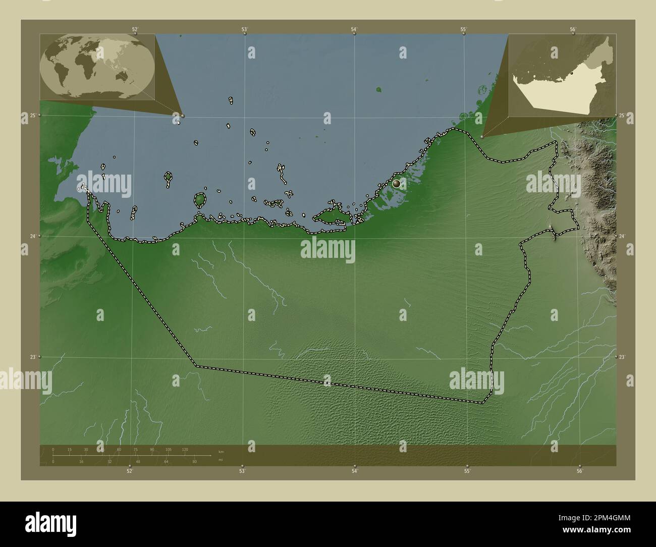 Abu Dhabi, emirate of United Arab Emirates. Elevation map colored in ...
