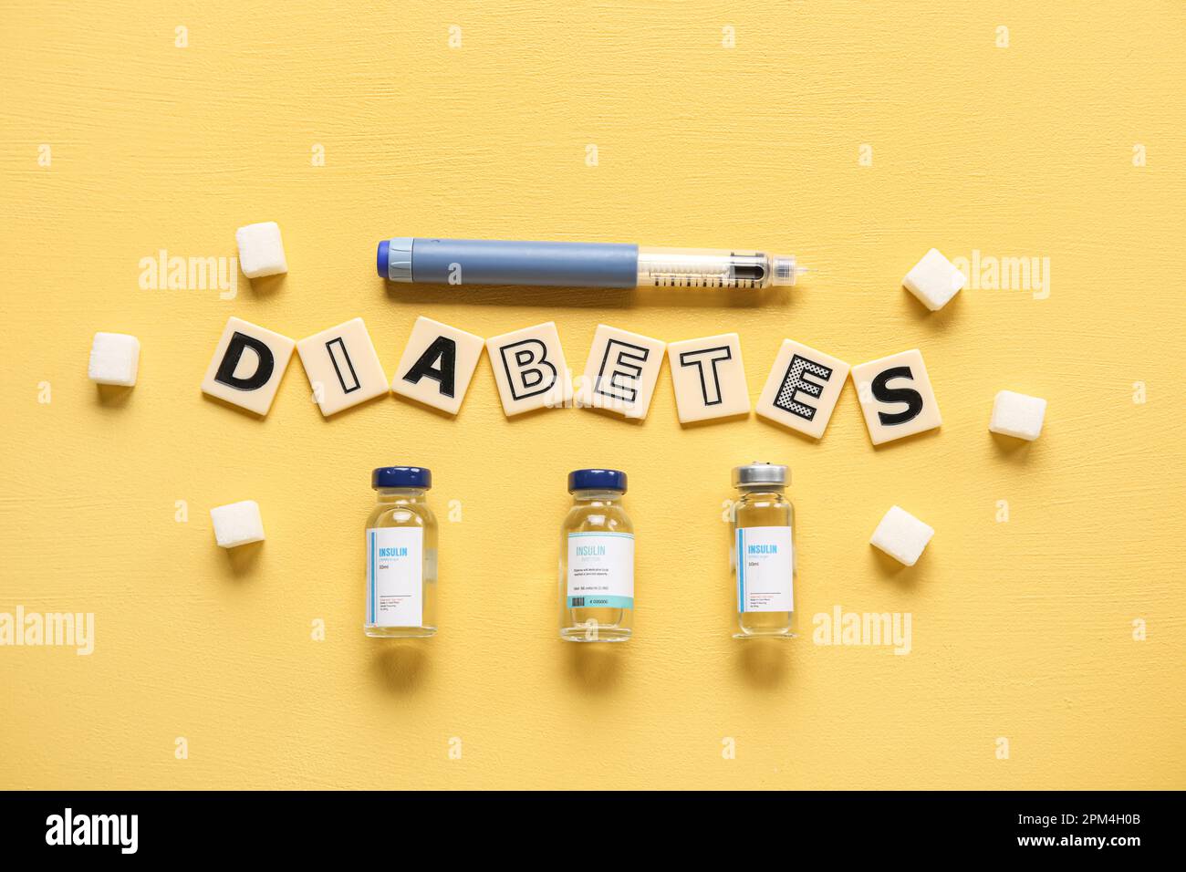 Word DIABETES with insulin and sugar on yellow background Stock Photo ...