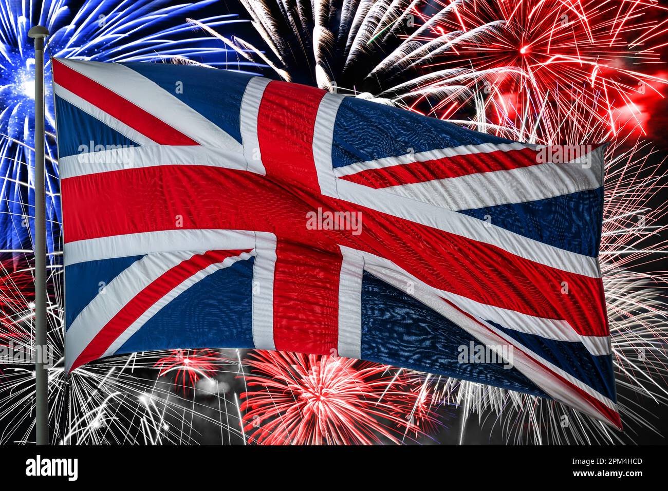 British UK flag on fireworks background, King Charles coronation ...