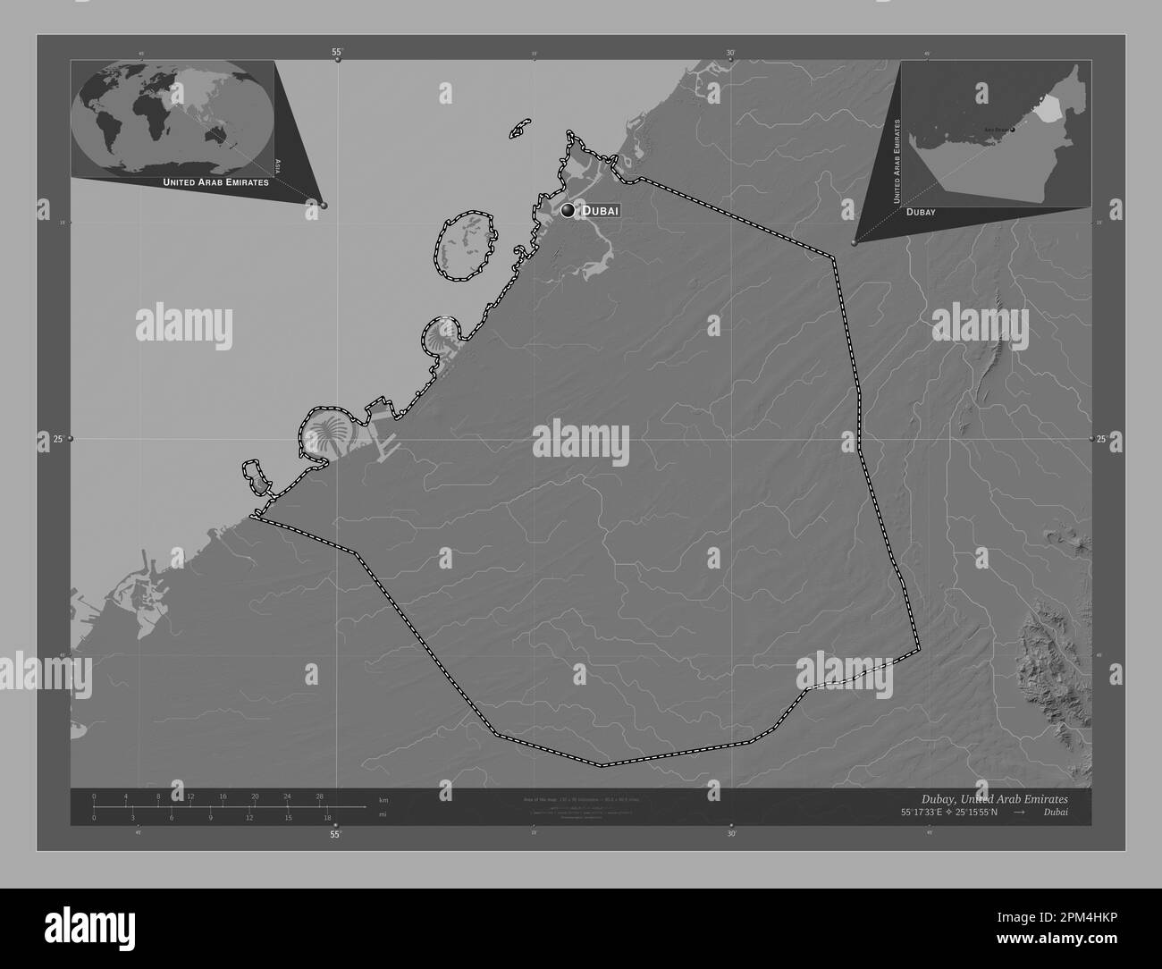 Dubay, emirate of United Arab Emirates. Bilevel elevation map with ...
