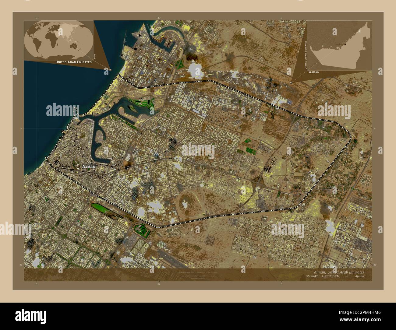 Ajman, emirate of United Arab Emirates. Low resolution satellite map ...