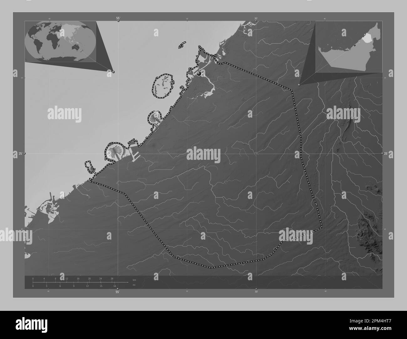 Dubay, emirate of United Arab Emirates. Grayscale elevation map with ...