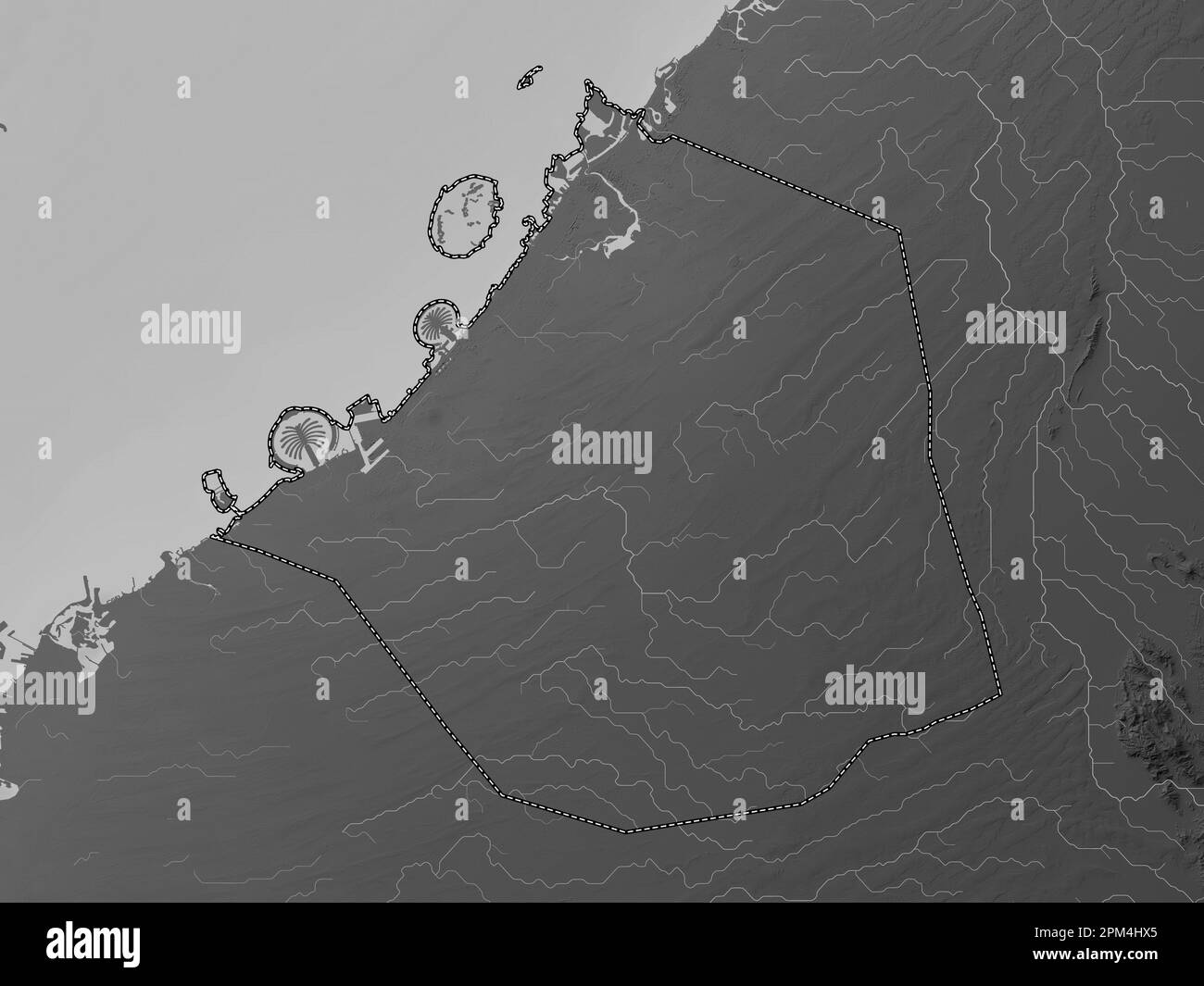 Dubay, emirate of United Arab Emirates. Grayscale elevation map with ...