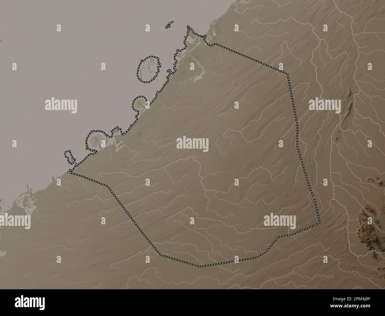 Dubay, emirate of United Arab Emirates. Elevation map colored in sepia ...