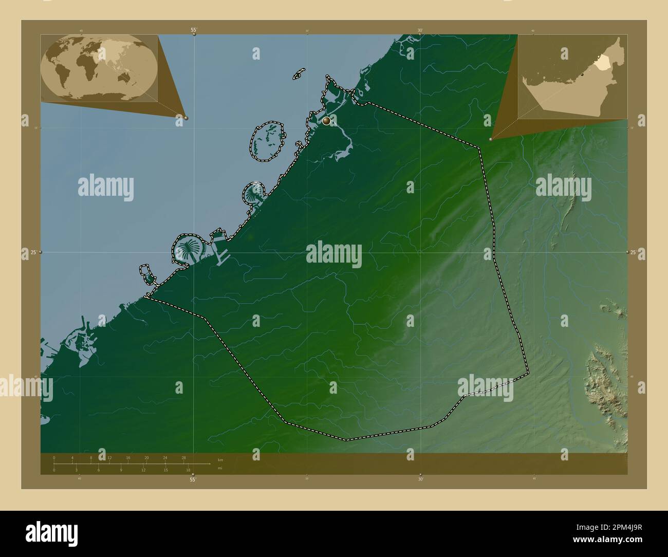 Dubay, emirate of United Arab Emirates. Colored elevation map with ...