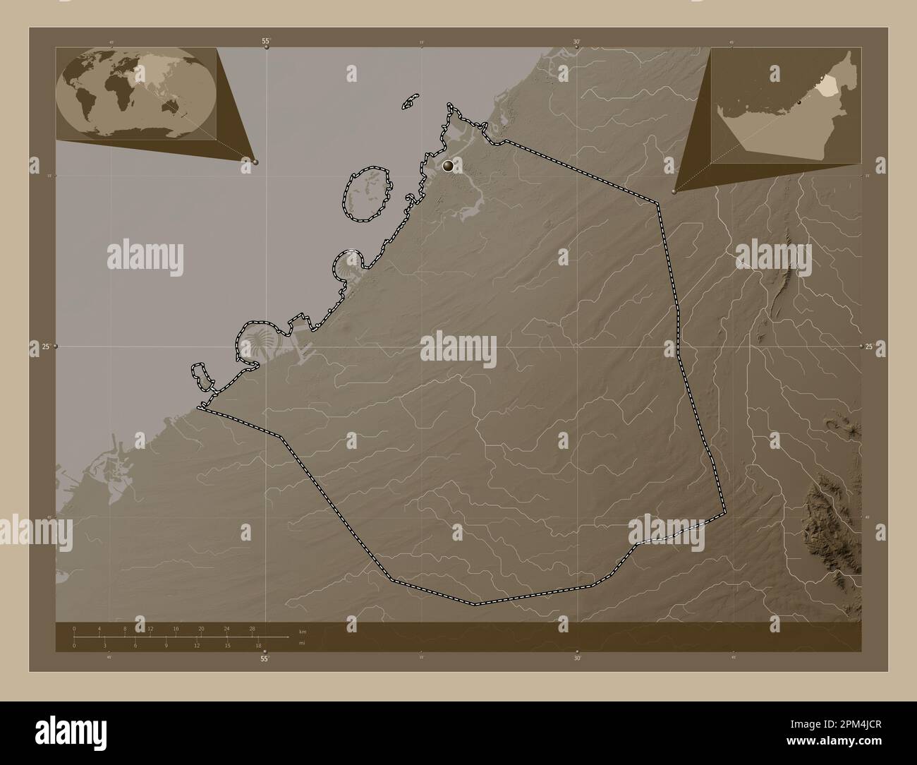 Dubay, emirate of United Arab Emirates. Elevation map colored in sepia ...