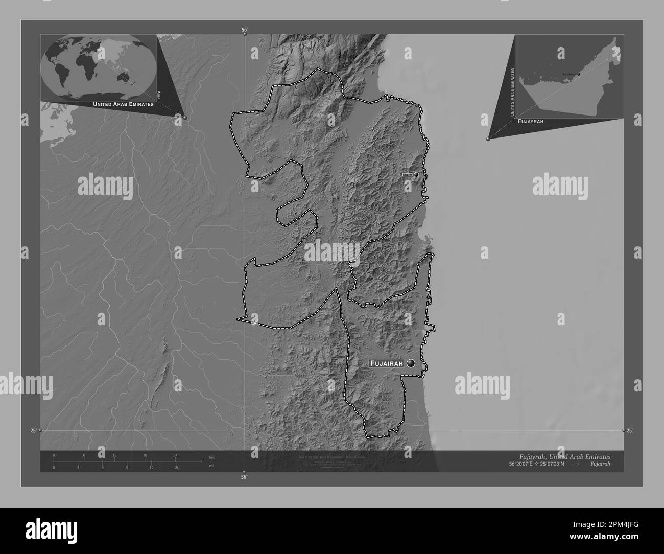 Fujayrah, emirate of United Arab Emirates. Bilevel elevation map with ...
