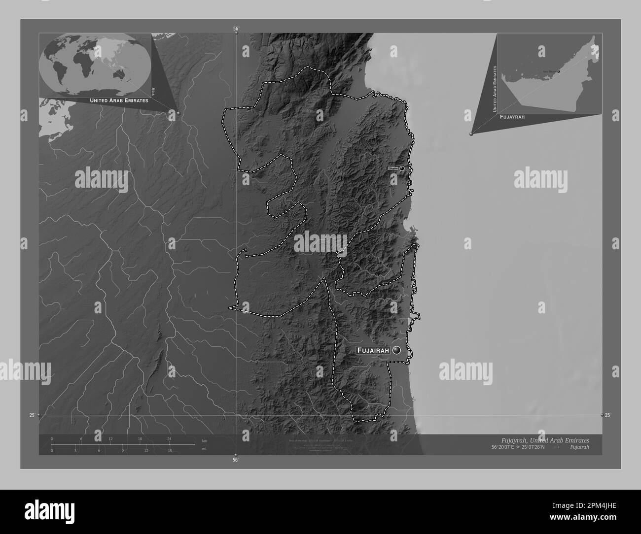 Fujayrah, emirate of United Arab Emirates. Grayscale elevation map with ...