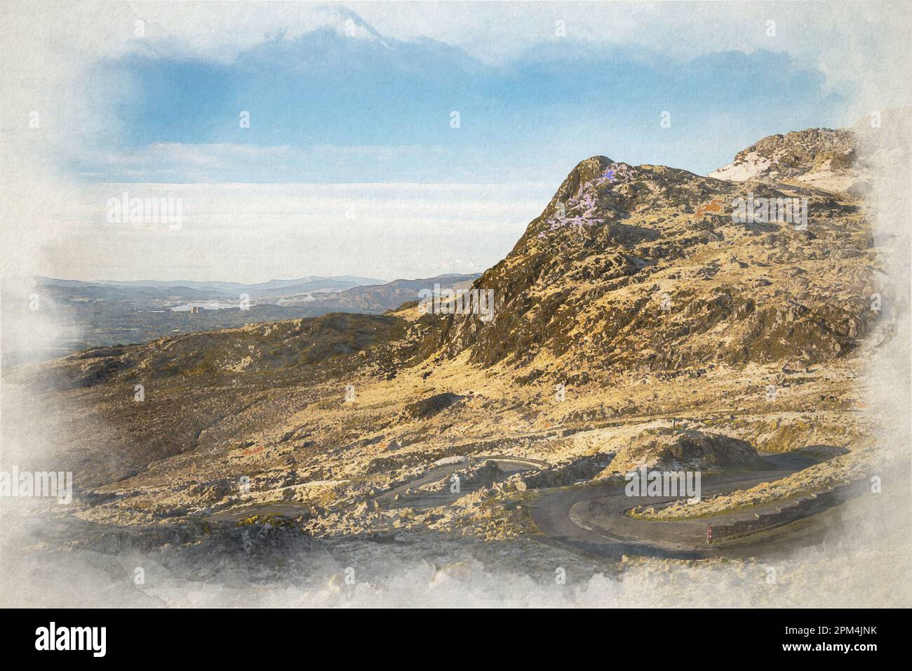 Snowdonia digital watercolor painting of Stwlan Dam and the Moelwyn mountains, Blaenau ...