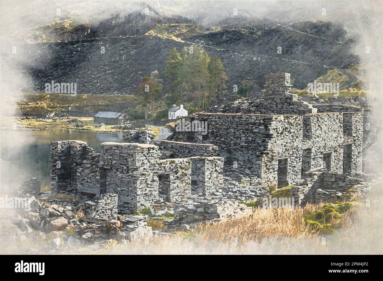 Digital watercolor painting of the abandoned Cwmorthin slate mine at ...