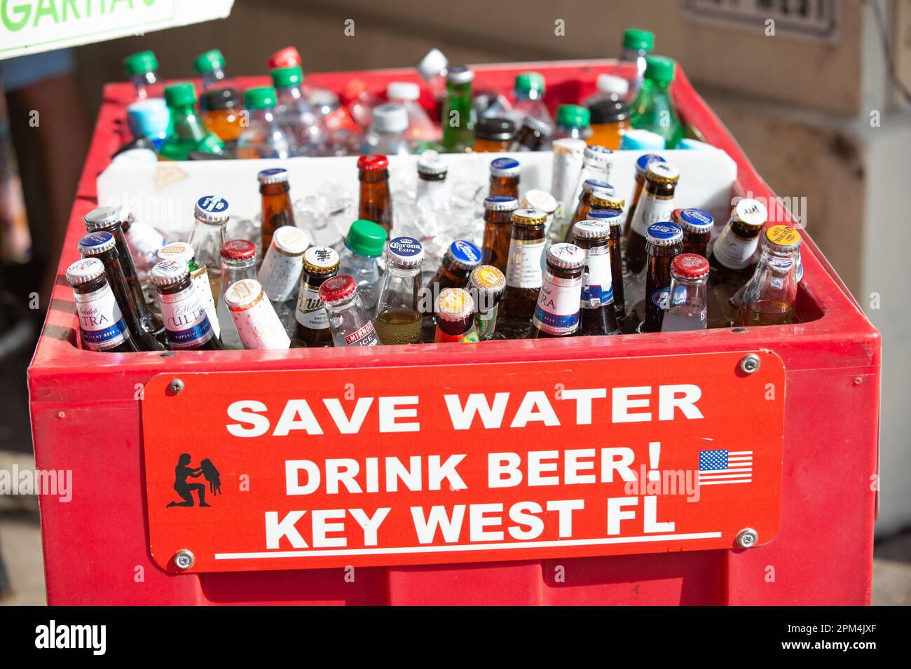 Key West, Florida USA - January 09, 2016: cooler box with beer in ice ...