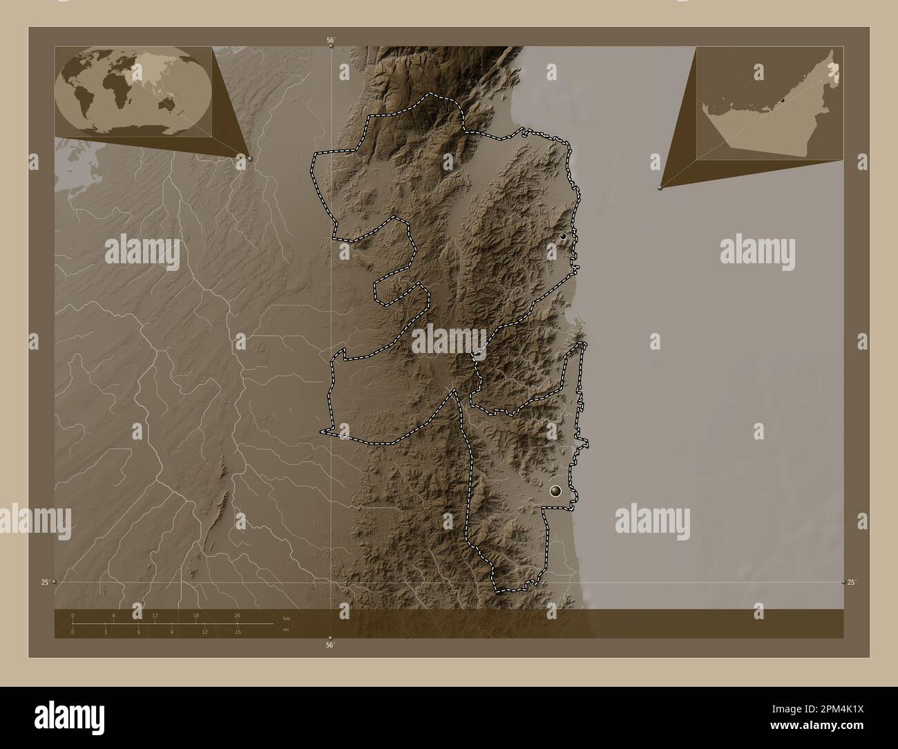 Fujayrah, emirate of United Arab Emirates. Elevation map colored in ...