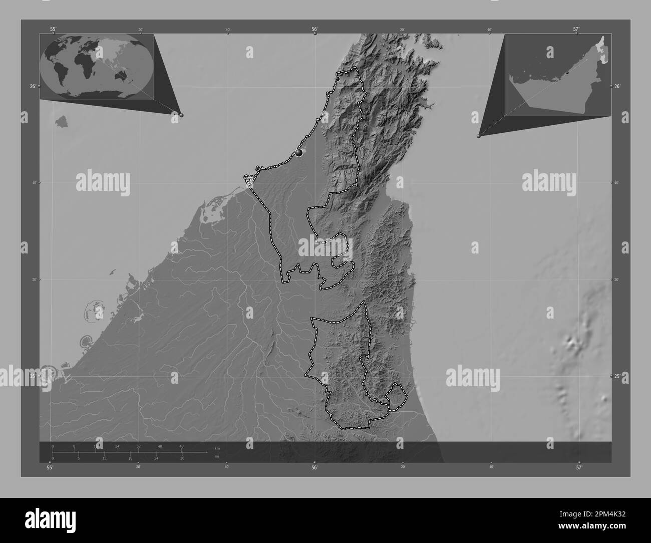 Ras Al Khaymah, emirate of United Arab Emirates. Bilevel elevation map ...