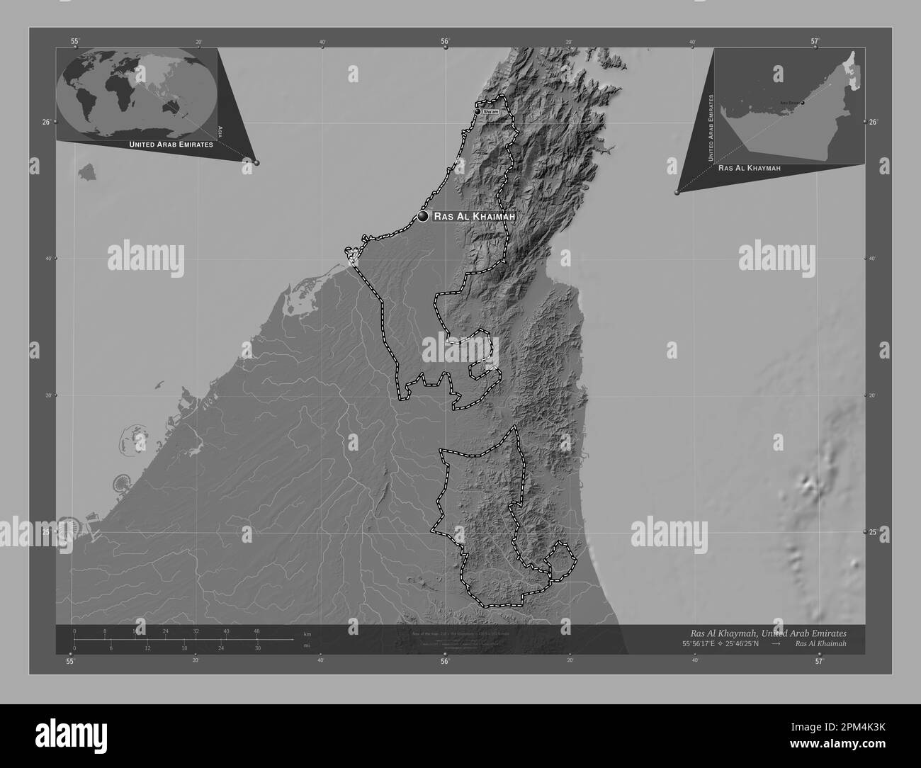 Ras Al Khaymah, emirate of United Arab Emirates. Bilevel elevation map ...