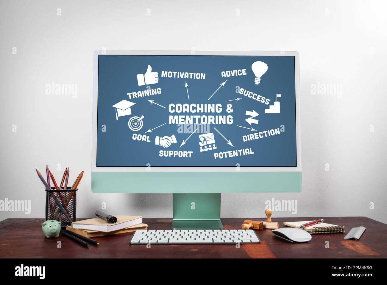 Coaching and Mentoring Concept. Chart with keywords and icons. Computer ...