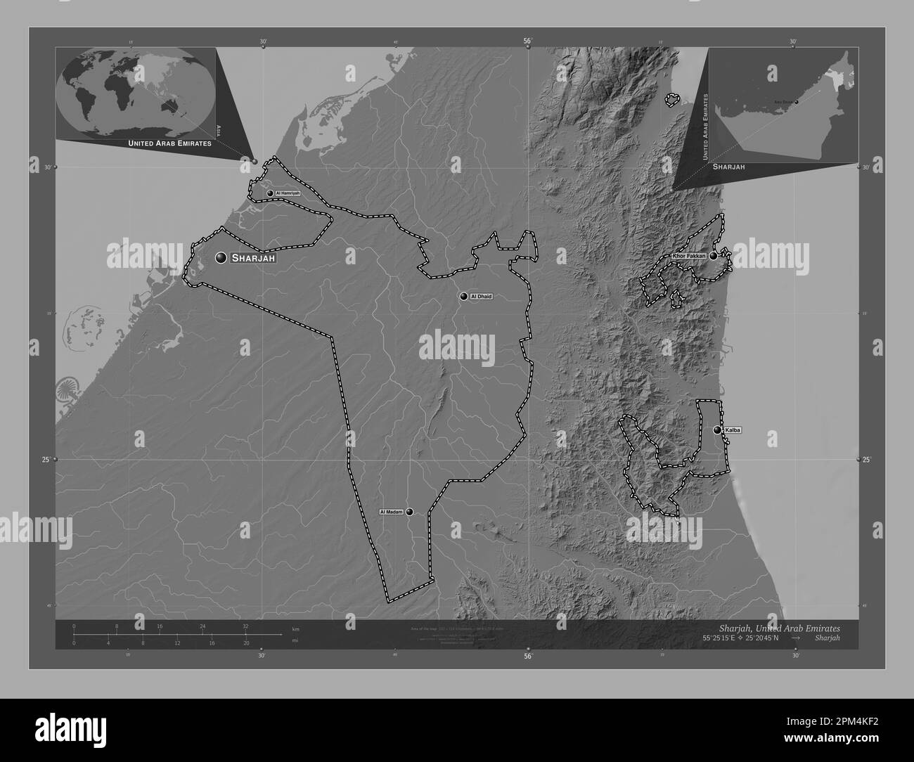 Sharjah, emirate of United Arab Emirates. Bilevel elevation map with ...