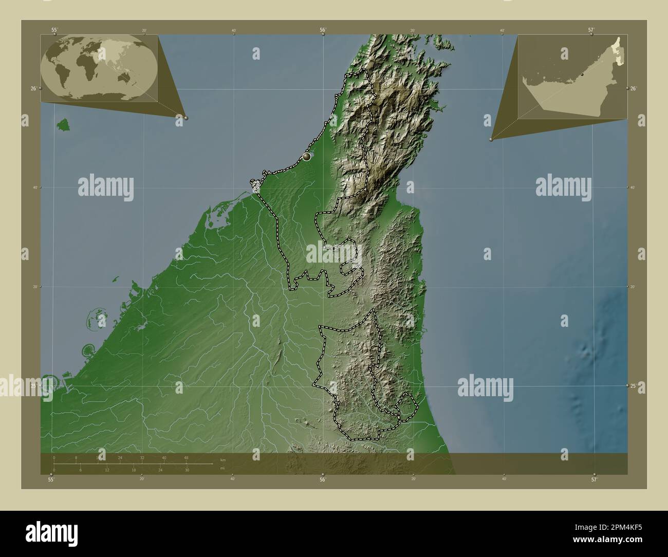 Ras Al Khaymah, emirate of United Arab Emirates. Elevation map colored ...