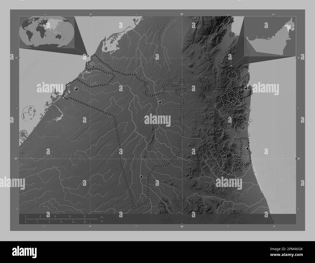 Sharjah, emirate of United Arab Emirates. Grayscale elevation map with ...