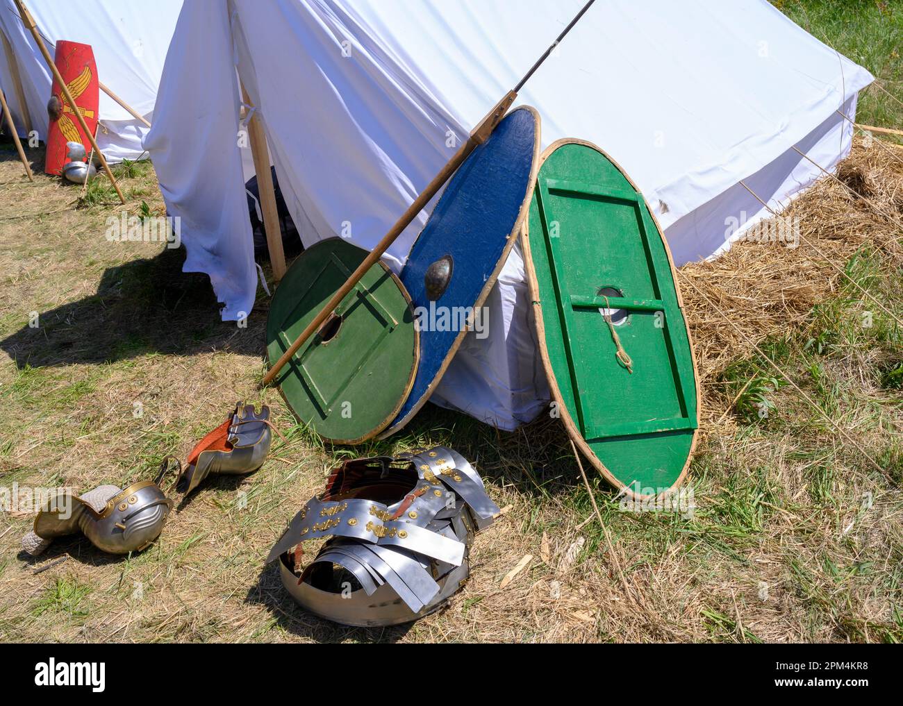 Shield, helmet; spear and knight's armor prepared for the restoration ...