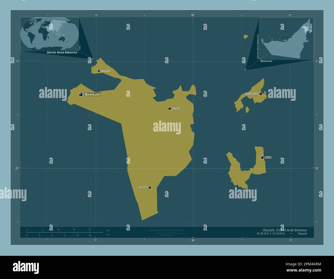 Sharjah, emirate of United Arab Emirates. Solid color shape. Locations ...