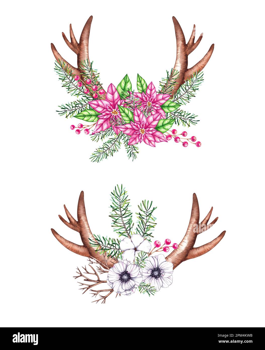 Watercolor set of Christmas horns with needles and flowers on a white ...
