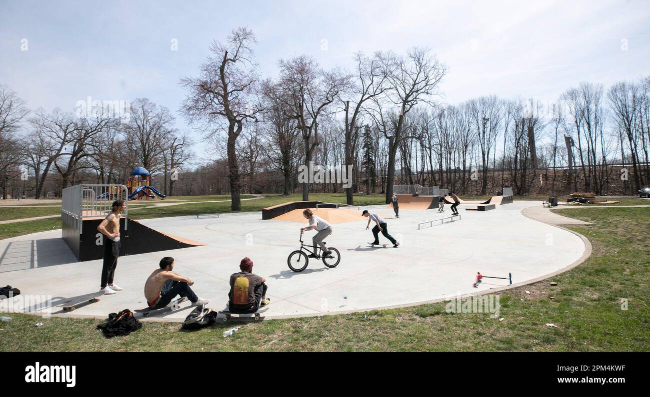 People check out the new skate park at City Park in Meriden, Conn ...