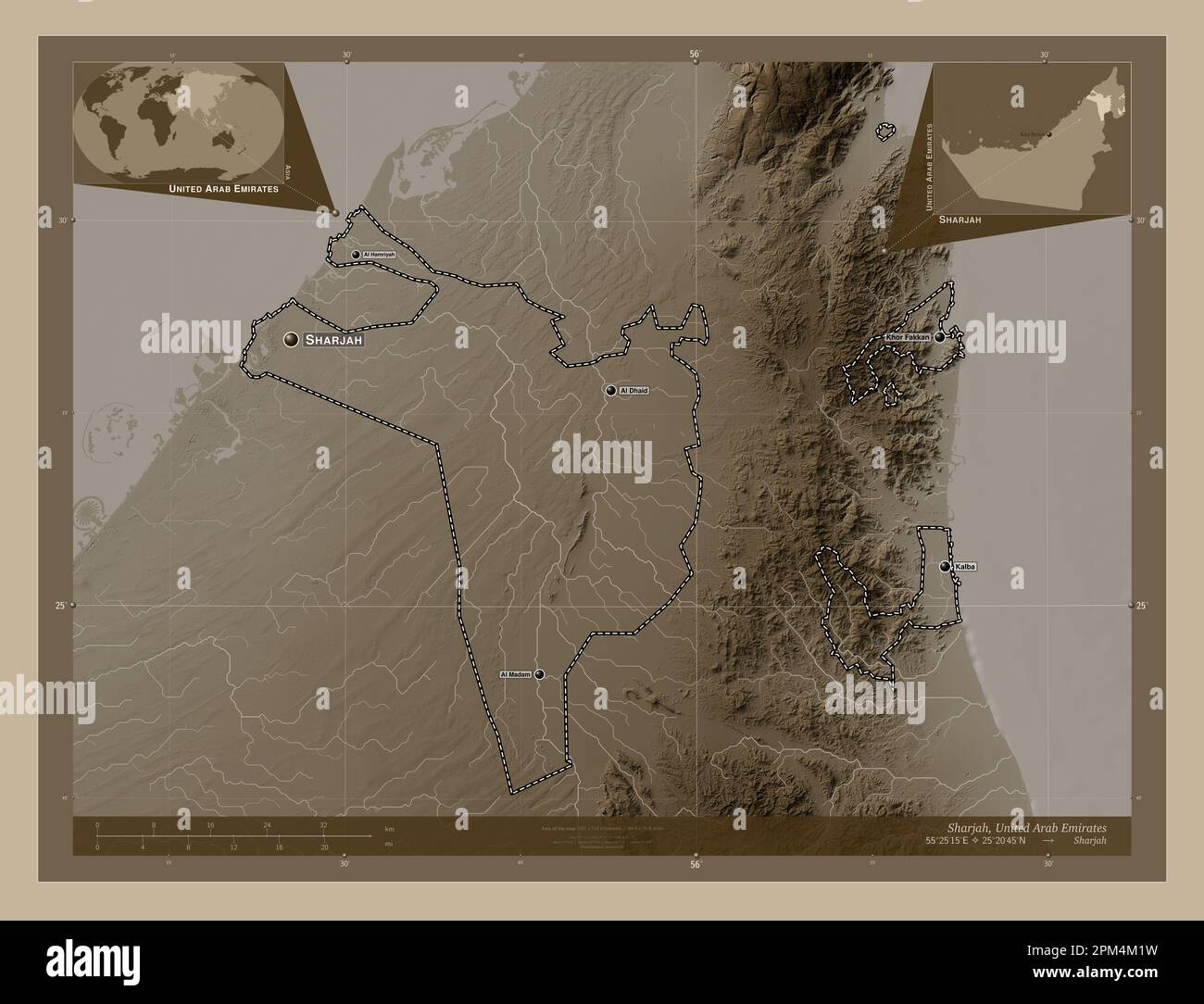 Sharjah, emirate of United Arab Emirates. Elevation map colored in ...