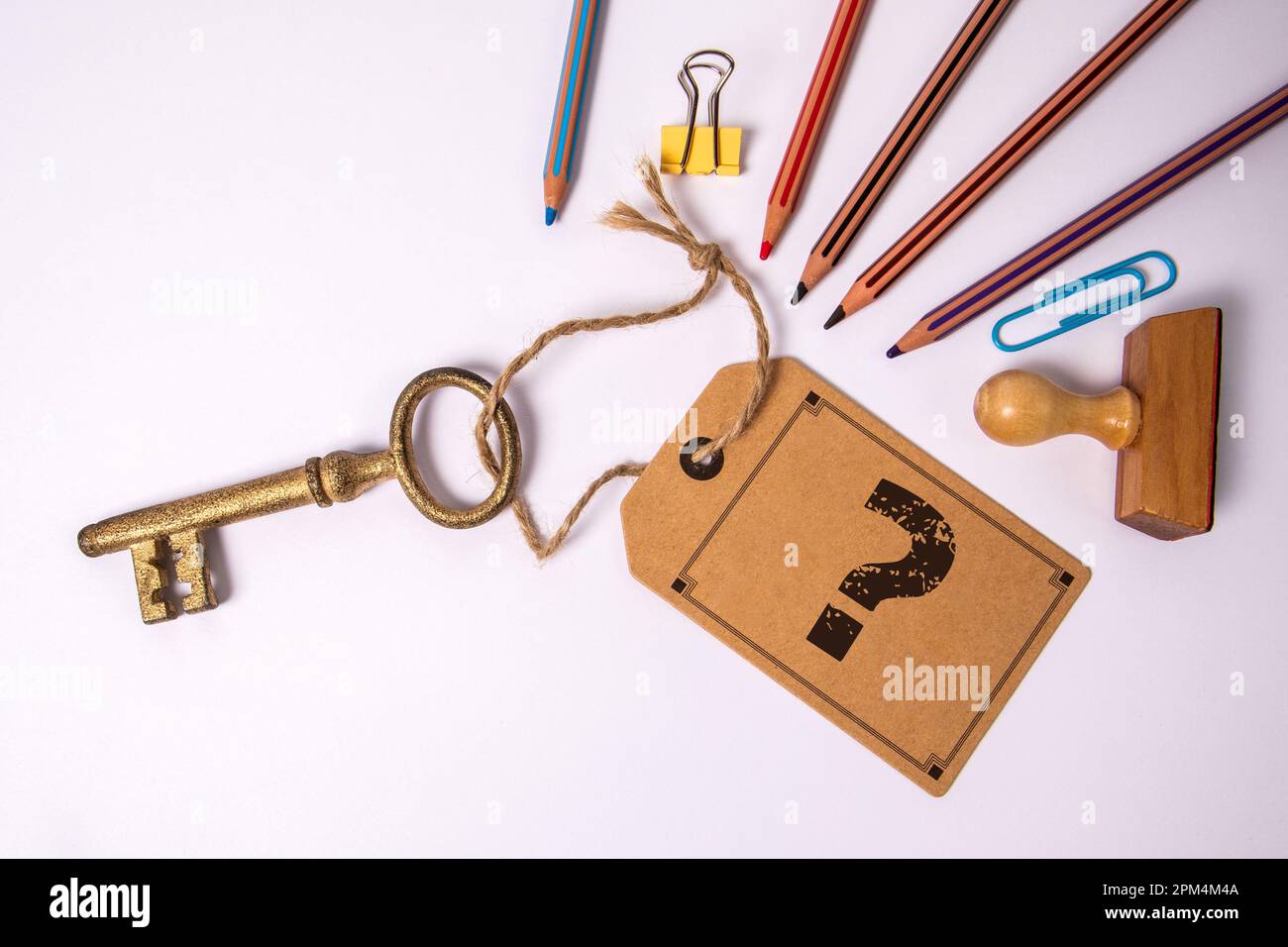 Question mark business concept. Golden key with price tag on white ...