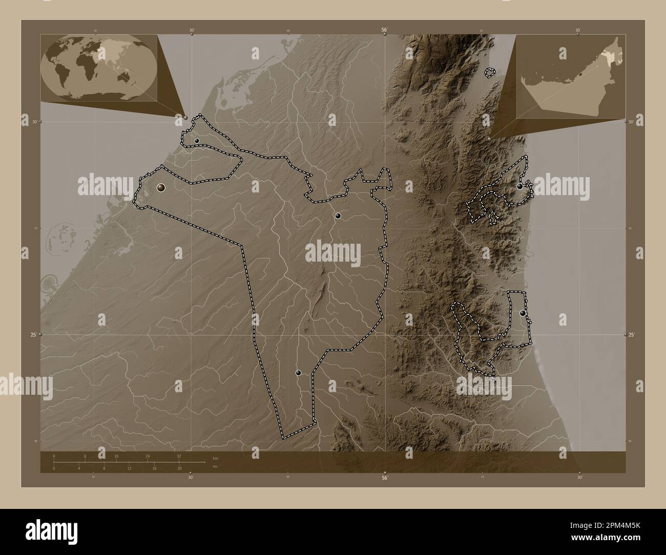 Sharjah, emirate of United Arab Emirates. Elevation map colored in ...