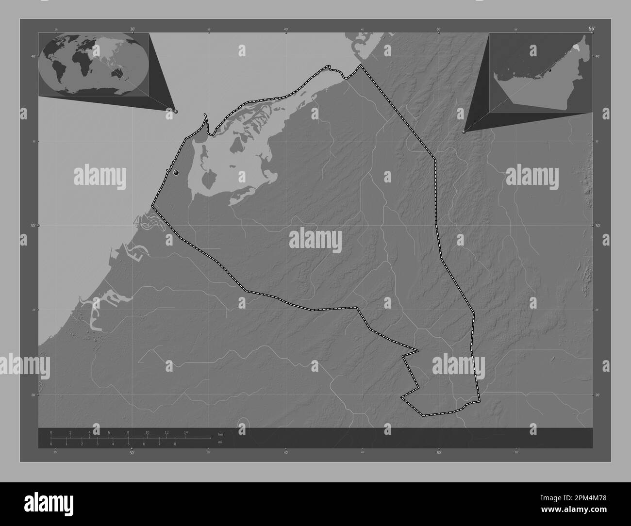 Umm Al Qaywayn, emirate of United Arab Emirates. Bilevel elevation map ...