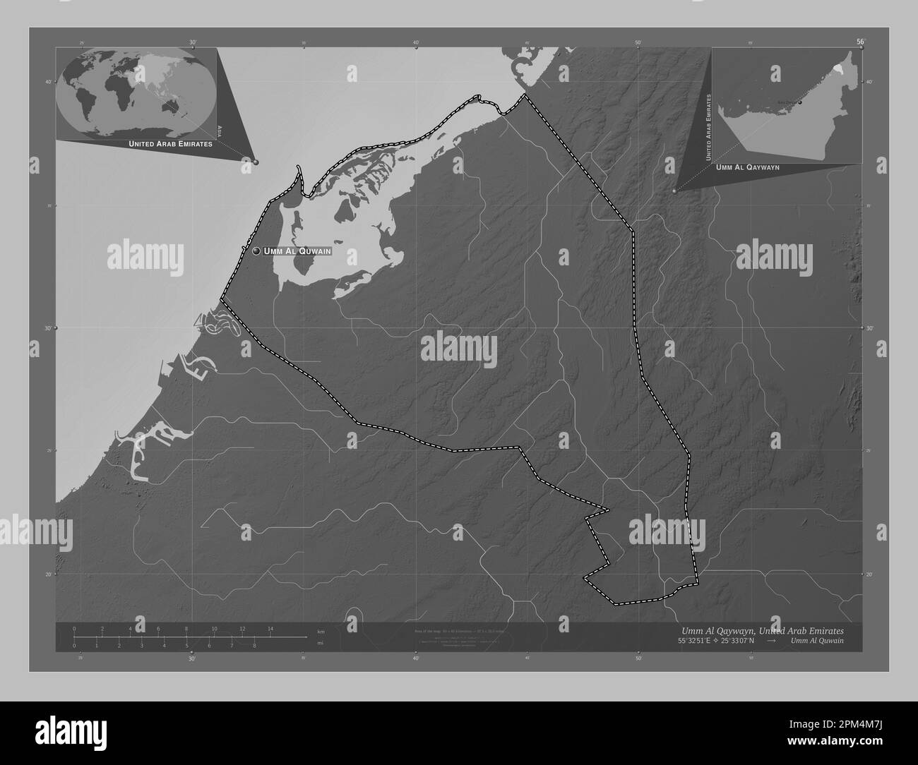 Umm Al Qaywayn, emirate of United Arab Emirates. Grayscale elevation ...