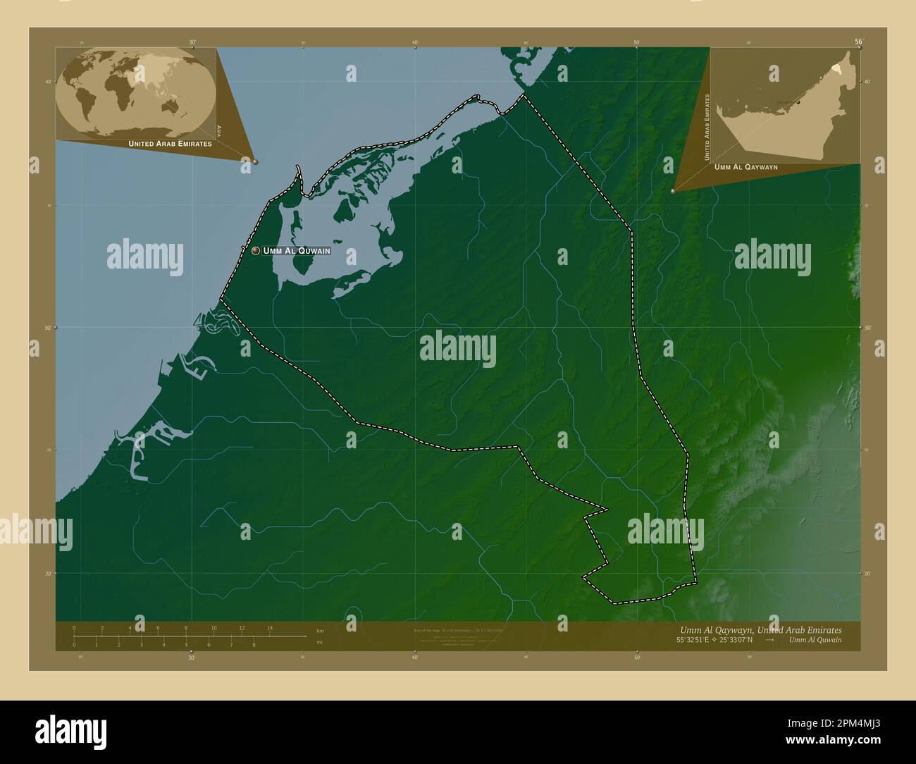 Umm Al Qaywayn, emirate of United Arab Emirates. Colored elevation map ...