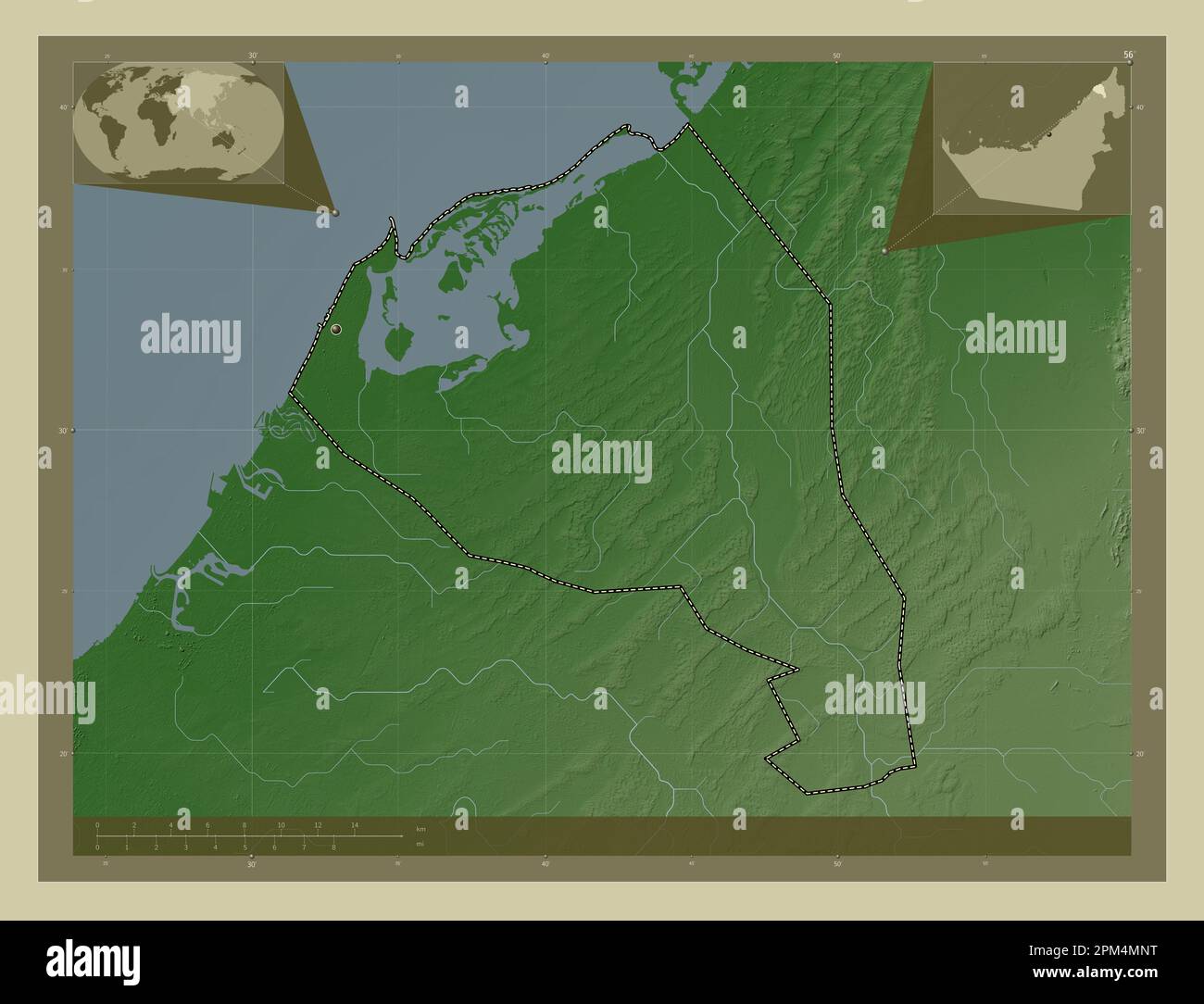 Umm Al Qaywayn, emirate of United Arab Emirates. Elevation map colored ...