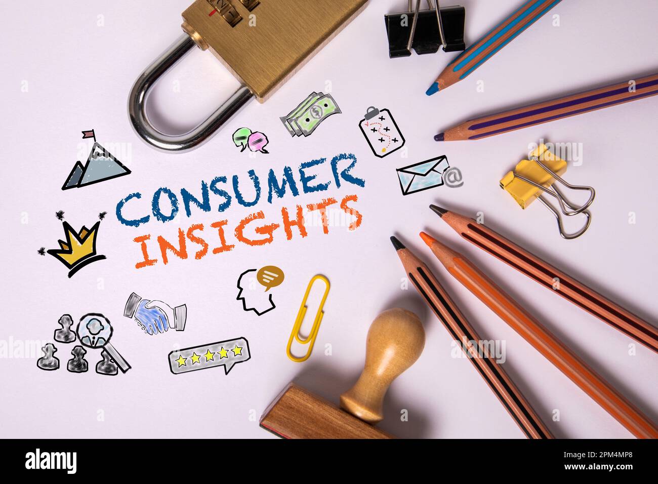 Consumer Insights Concept. Padlock and office supplies on white ...
