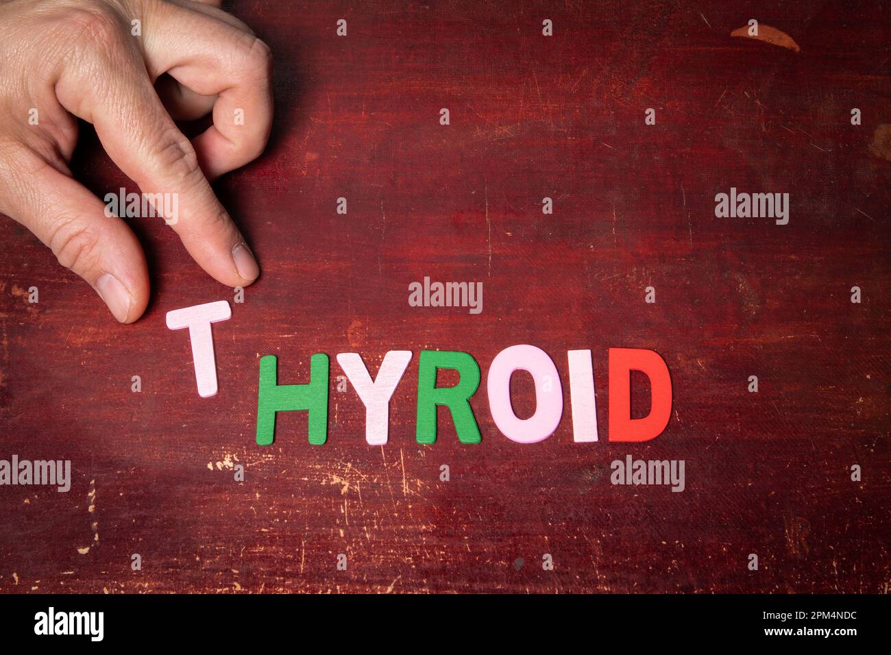THYROID. Text from colorful alphabet letters on a painted wooden ...