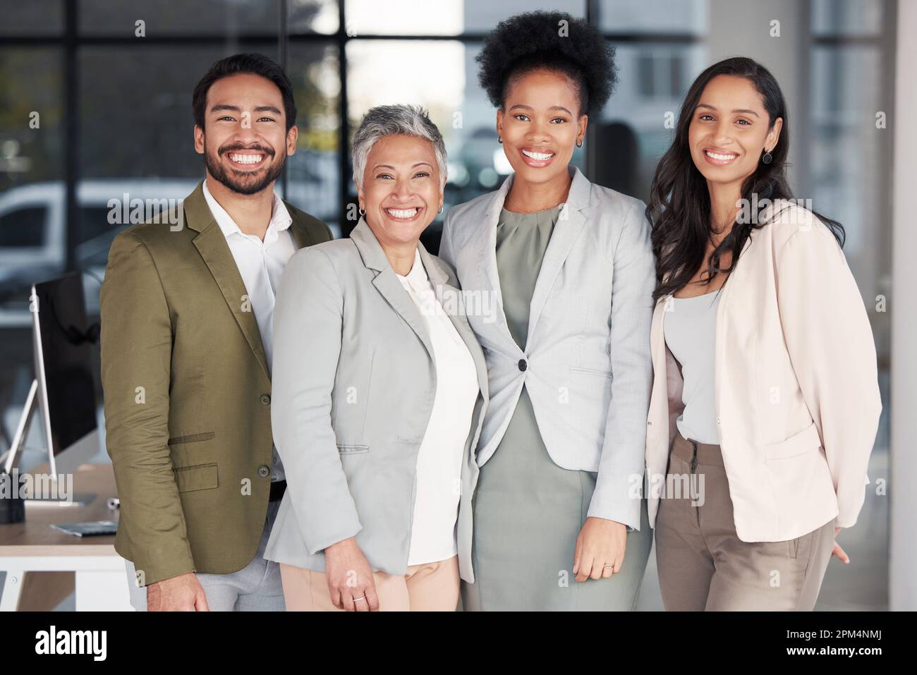 Portrait, business people and smile for office diversity, management and happiness with pride ...