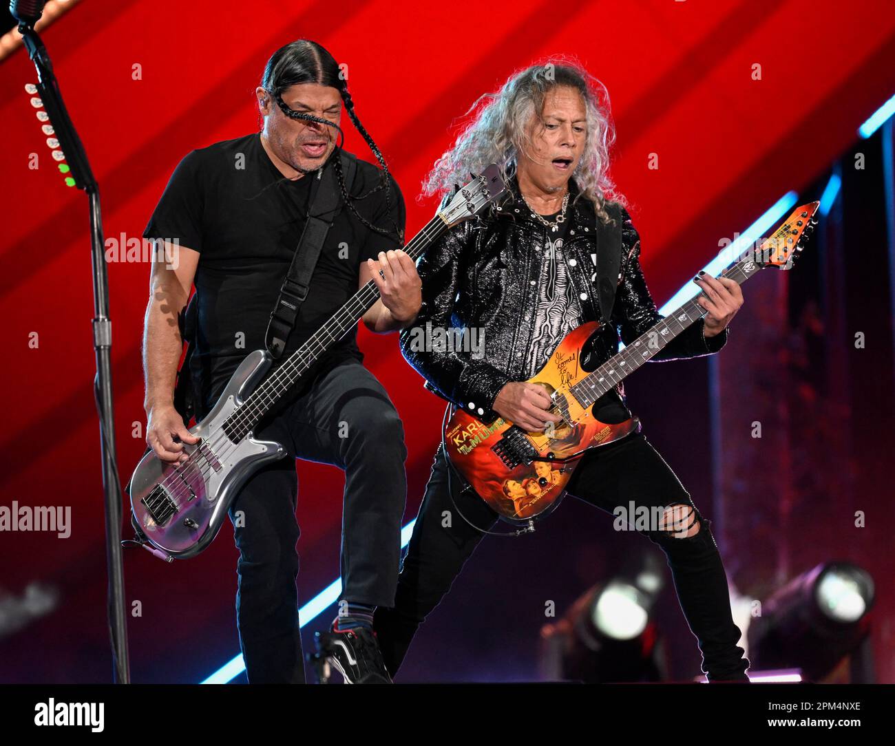 FILE - Robert Trujillo, left, and Kirk Hammett of Metallica perform during the Global Citizen ...