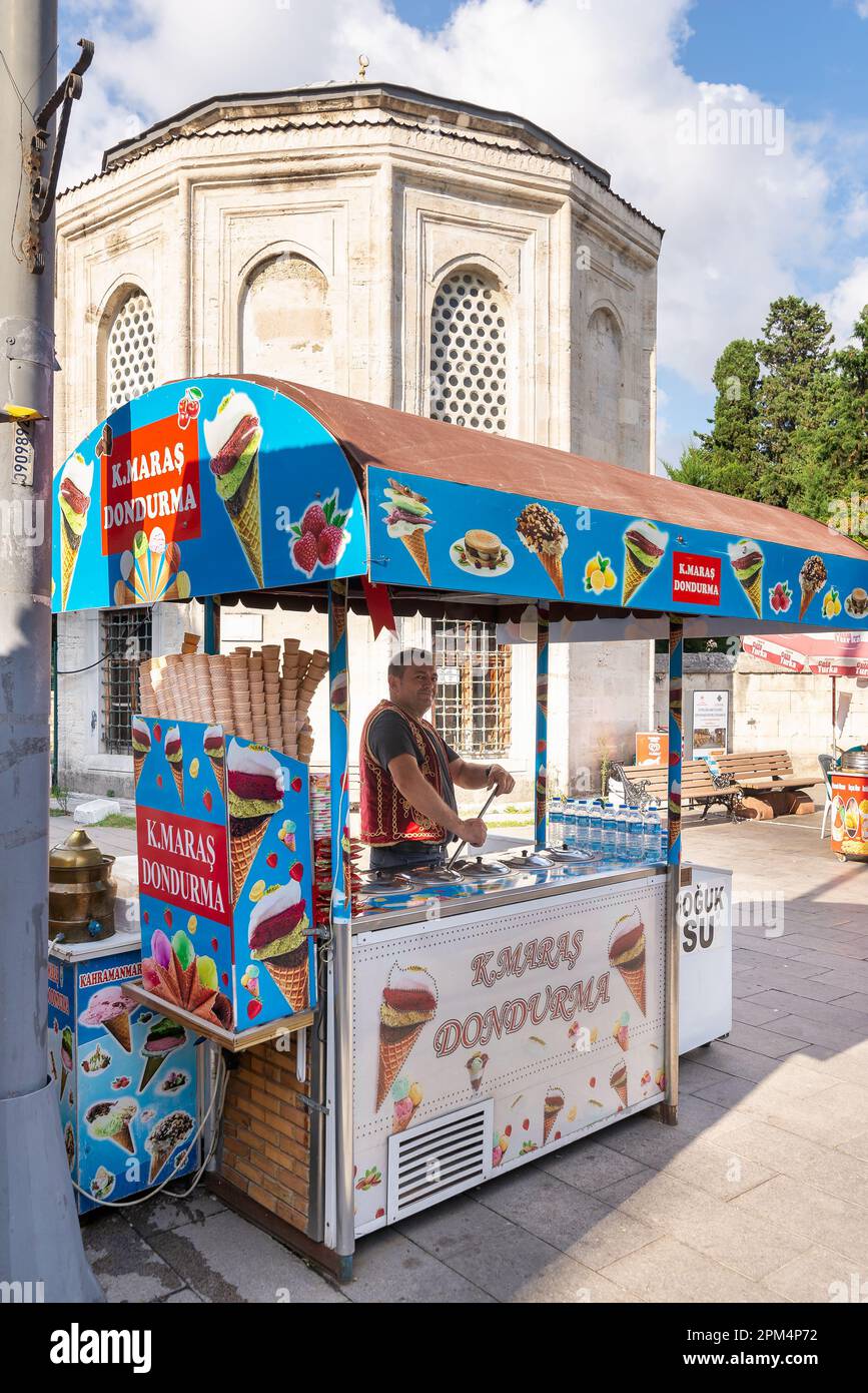 Istanbul, Turkey - September 1, 2022: Middle aged man selling ice cream ...