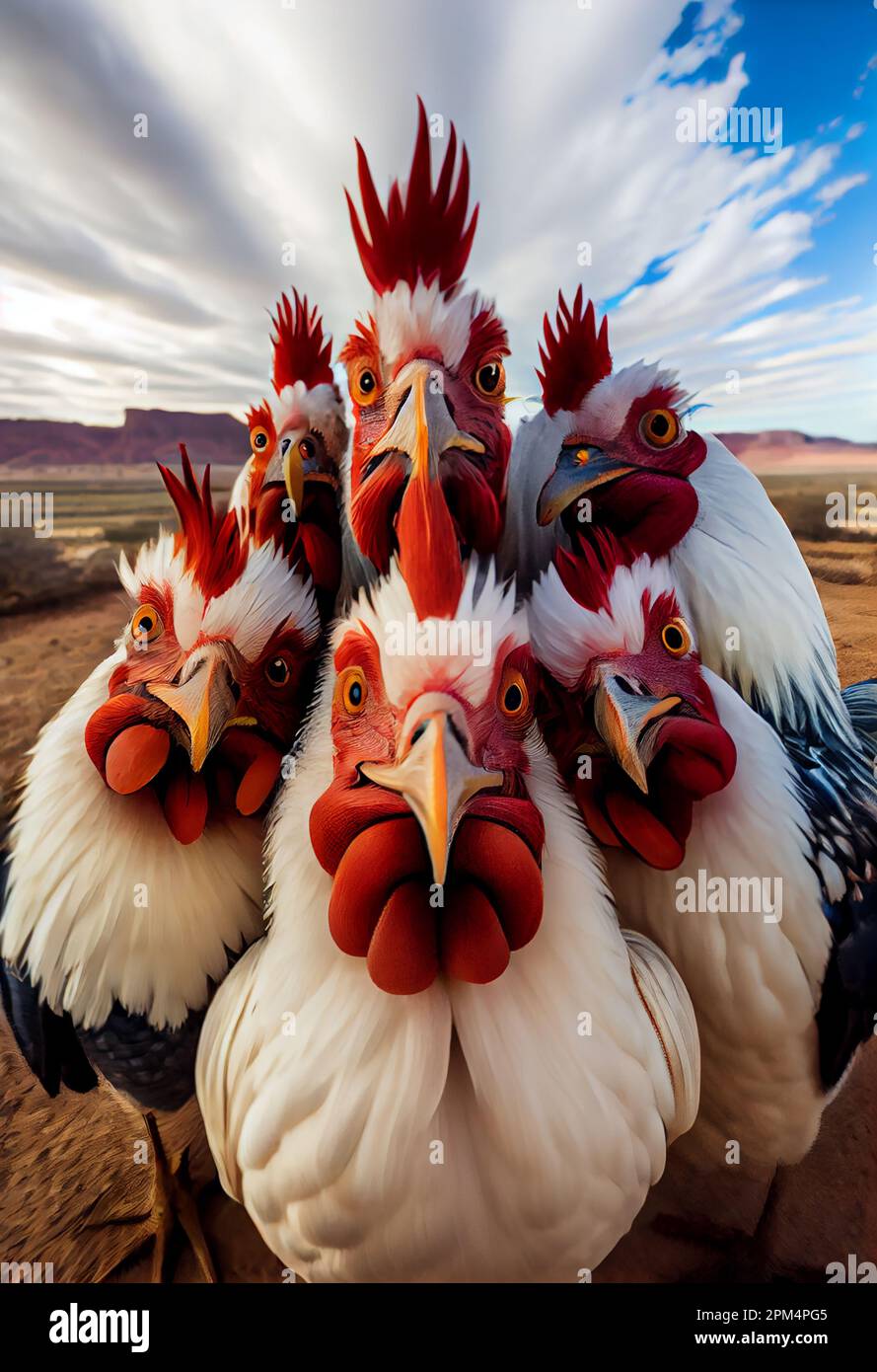 selfie of a group of roosters huddled together taking a group selfie ...