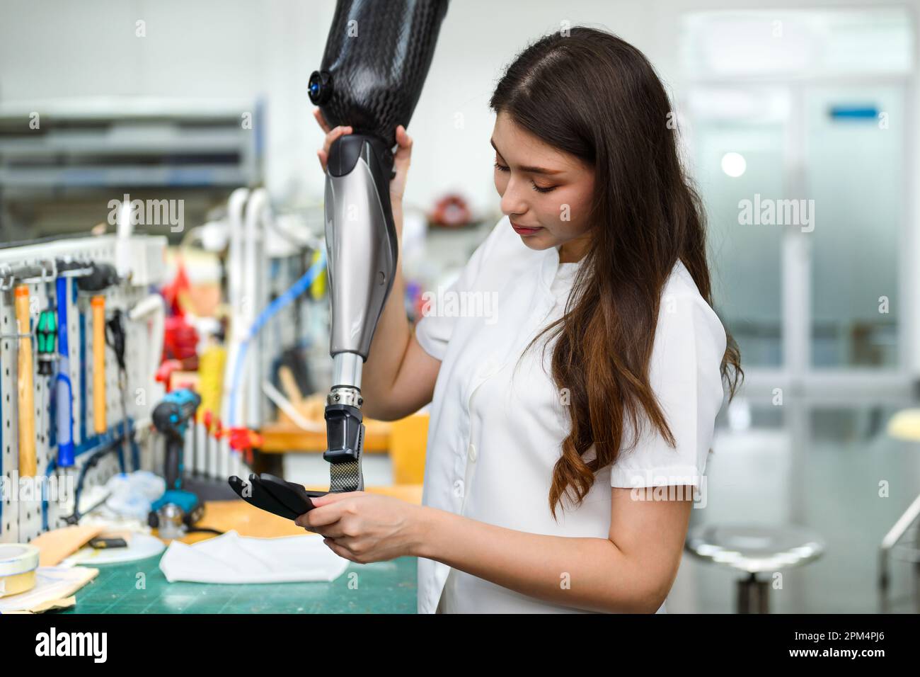 Female technician assembling and fixing parts of modern prosthetic leg ...