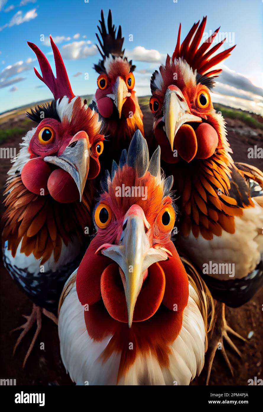 selfie of a group of roosters huddled together taking a group selfie ...