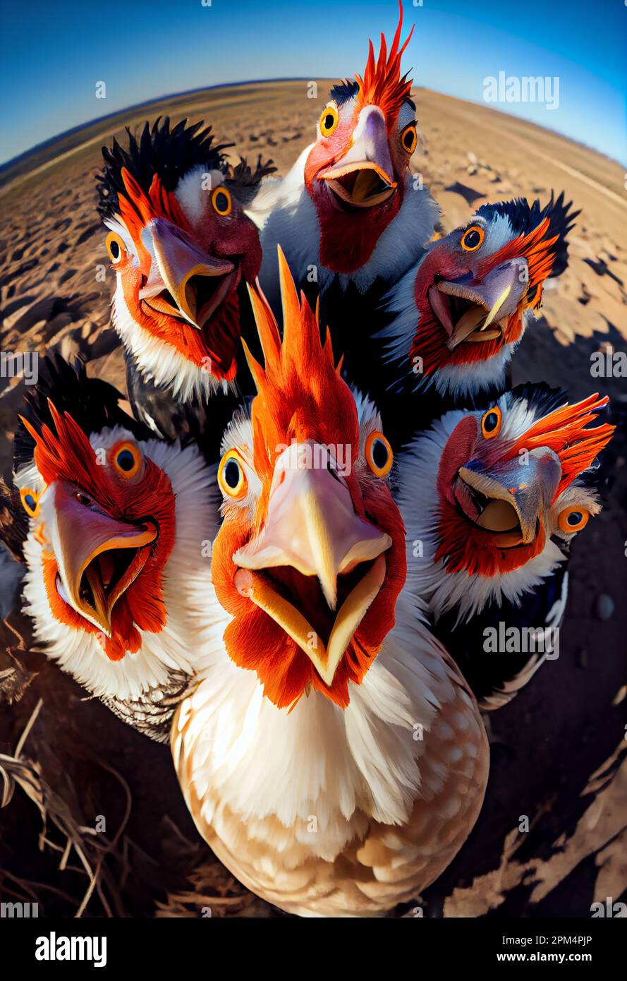 selfie of a group of roosters huddled together taking a group selfie ...