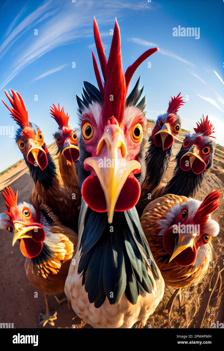 selfie of a group of roosters huddled together taking a group selfie ...