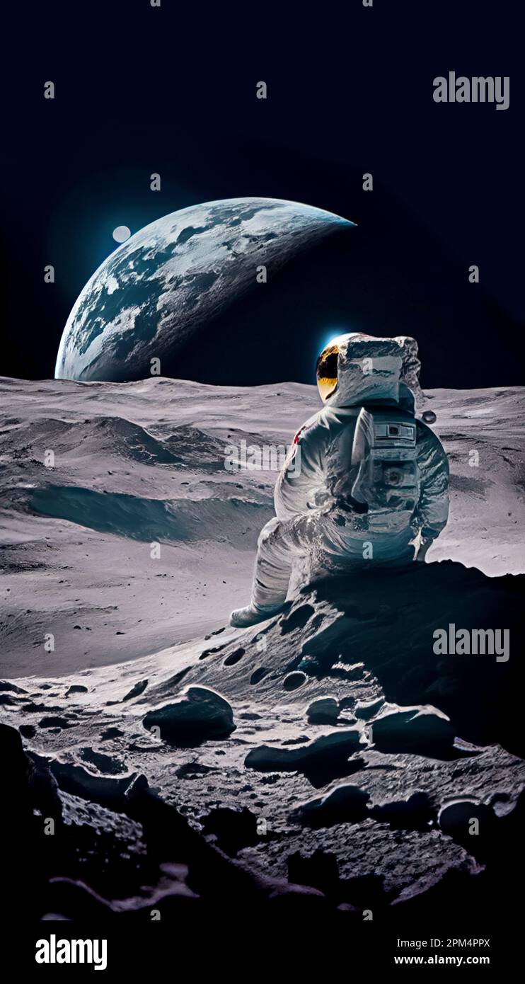 Astronaut sat on the lunar surface observing the universe. Cosmonaut ...