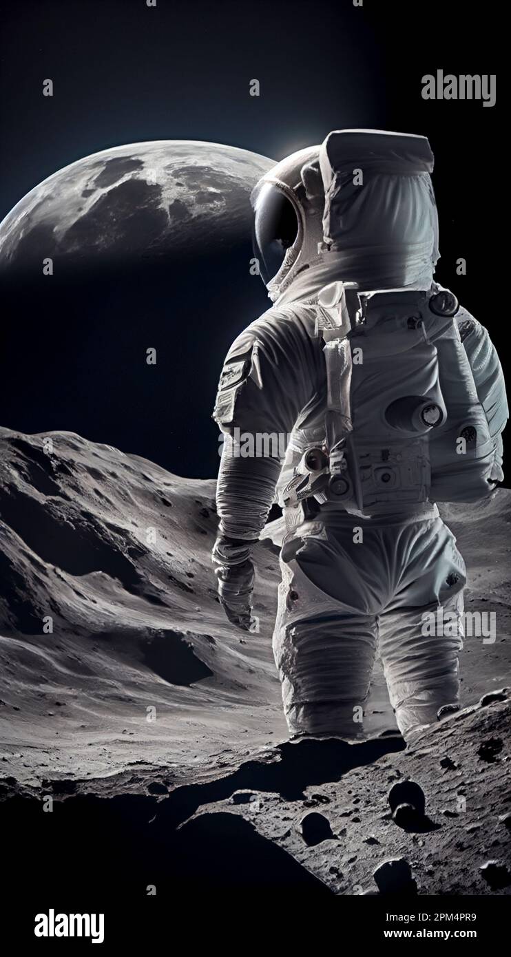 Astronaut sat on the lunar surface observing the universe. Cosmonaut ...