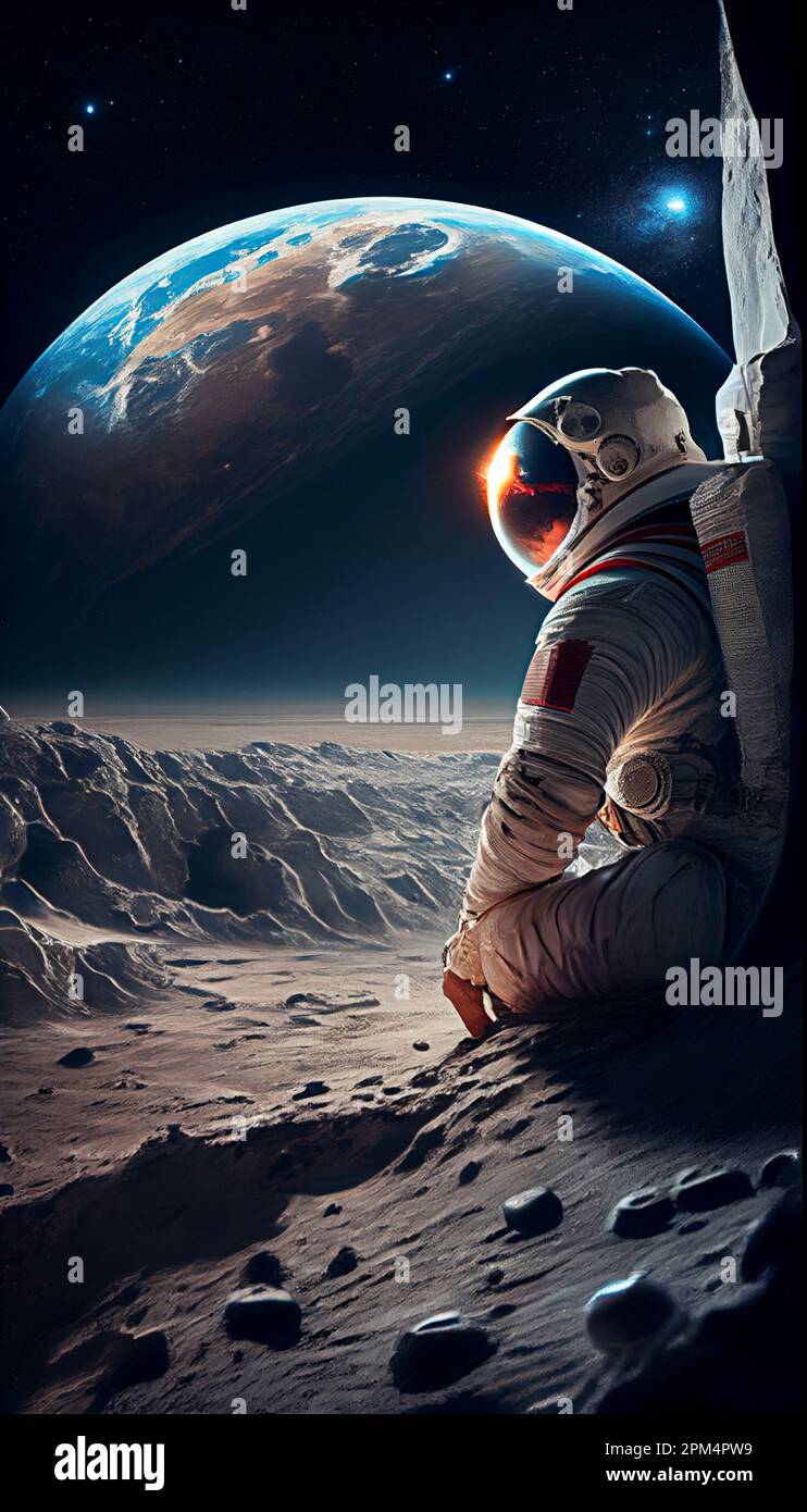 Astronaut sat on the lunar surface observing the universe. Cosmonaut ...