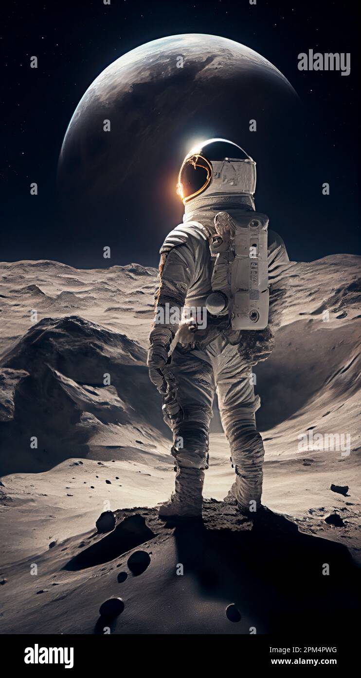 Astronaut sat on the lunar surface observing the universe. Cosmonaut ...