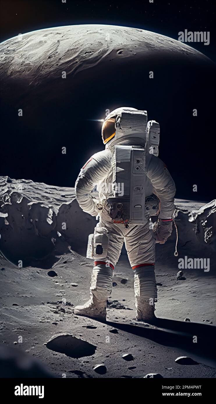 Astronaut sat on the lunar surface observing the universe. Cosmonaut ...