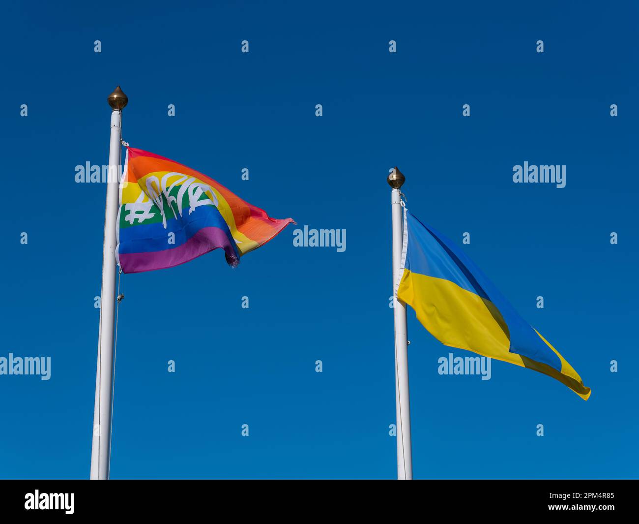 The flag of Ukraine and the rainbow flag on the flagpoles on the ...